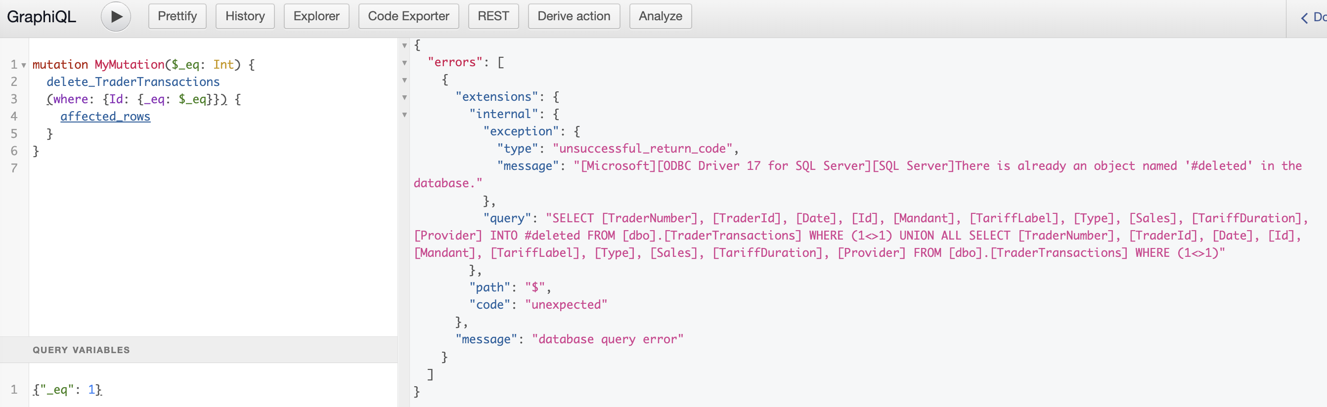Sql Server Consecutive Delete Mutation Fails With There Is Already An Object Named Deleted