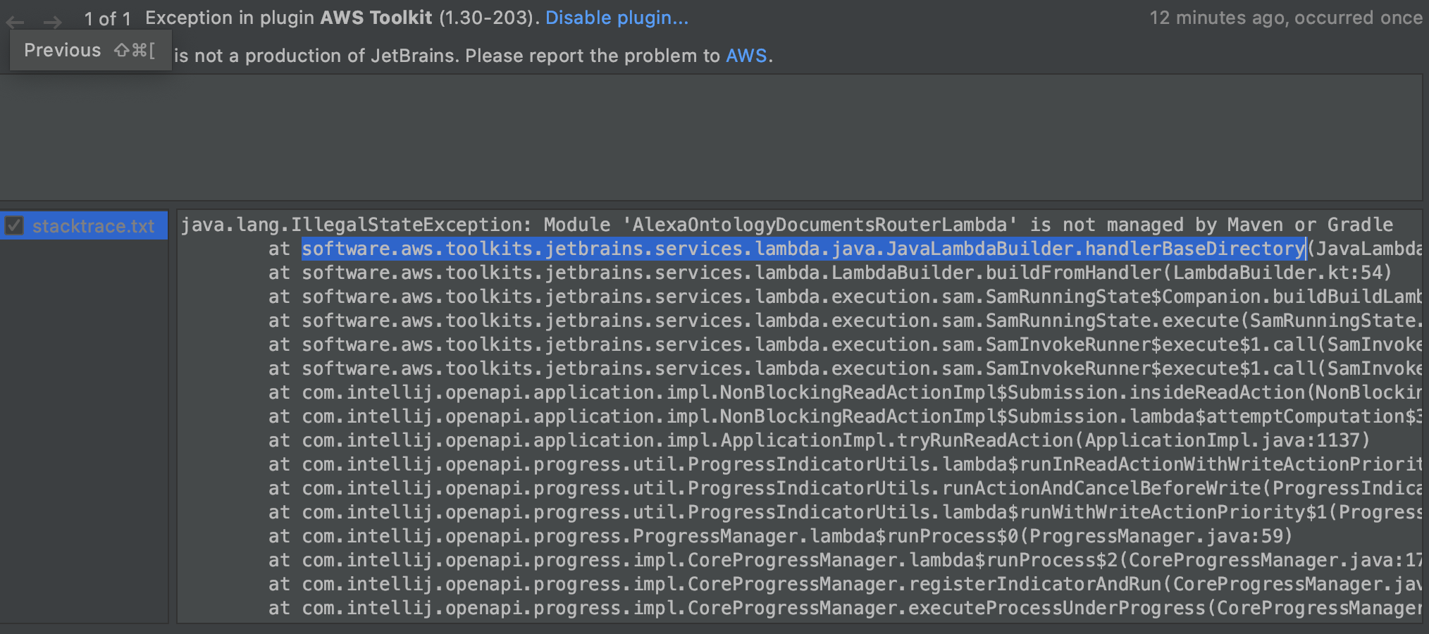 IllegalStateException with AWS Toolkit 1.3 · Issue #2767 · aws/aws-toolkit-jetbrains · GitHub