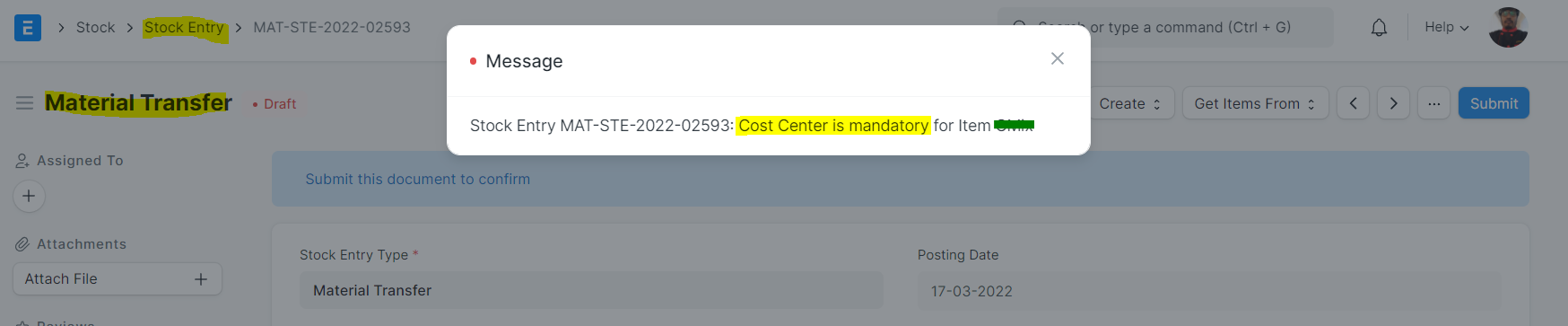 Cost Center Mandate Error Message on Material Transfer of Stock Entry · Issue #30298 · frappe ...