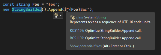 RCS1197 does not recognize Constant Interpolated Strings · Issue #898 · dotnet/roslynator · GitHub