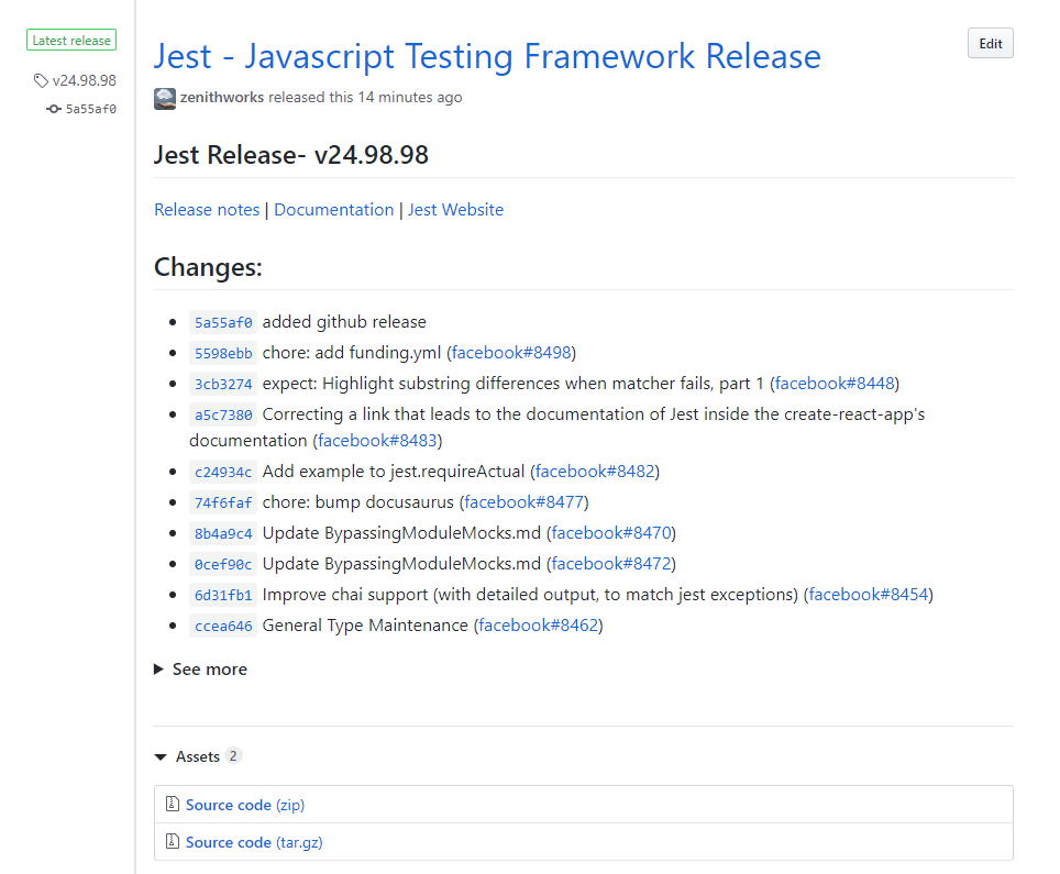 Adding Notes To Release Section Of Repo · Issue 8502 · Jestjsjest · Github