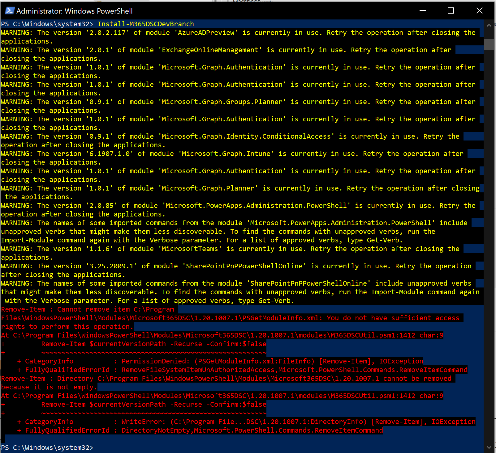 Errors And Warnings When Installing The Dev Branch · Issue 826 · Microsoftmicrosoft365dsc · Github 