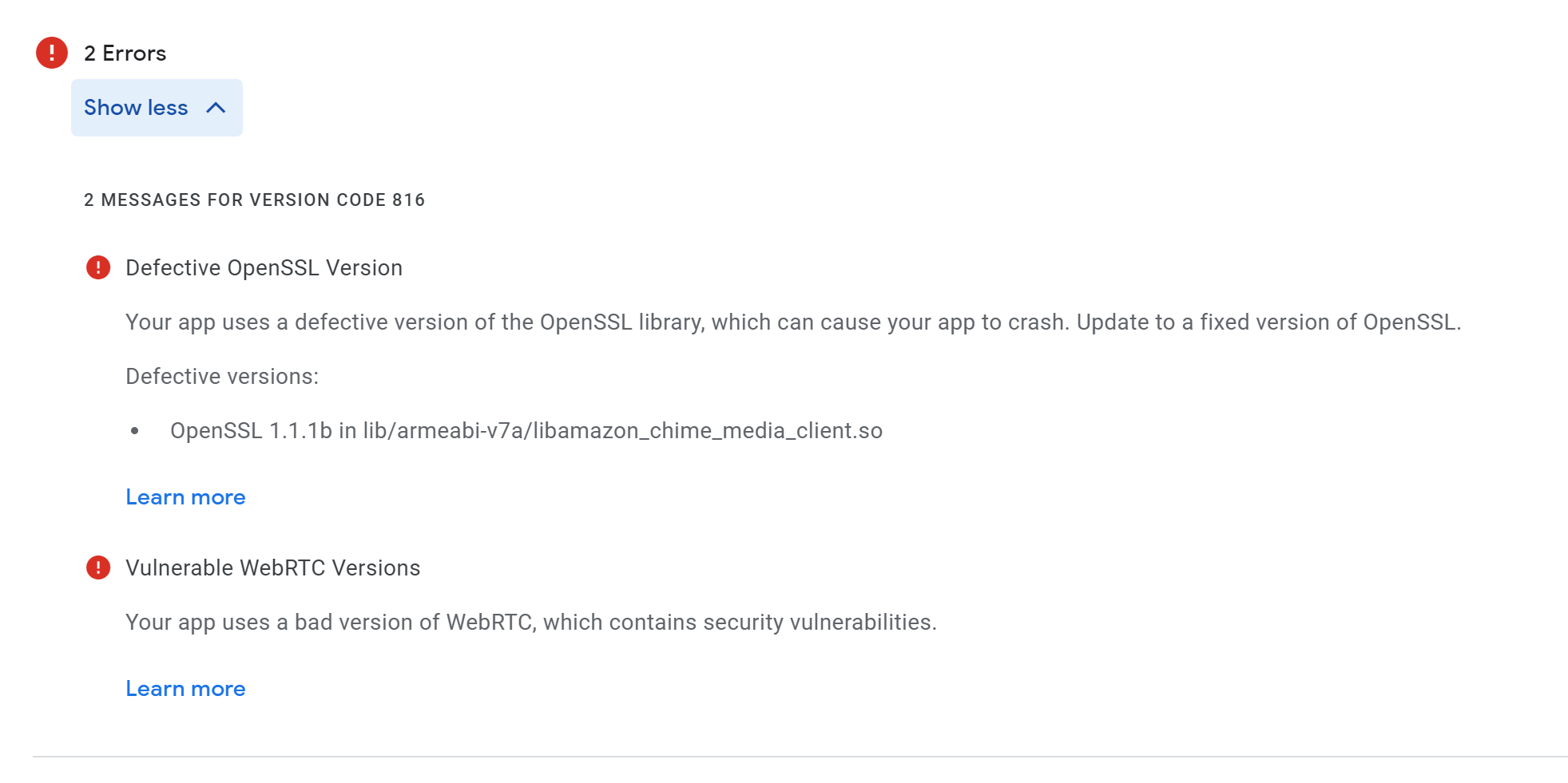 Playstore Error [vulnerable Webrtc Versions] · Issue 525 · Aws Amazon Chime Sdk Android · Github