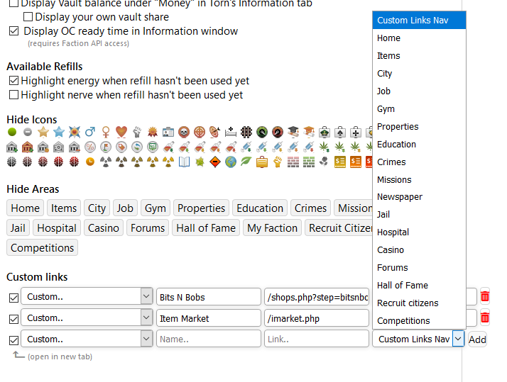 Custom links sorted into Areas sidebar · Issue #262 · Mephiles/torntools_extension · GitHub