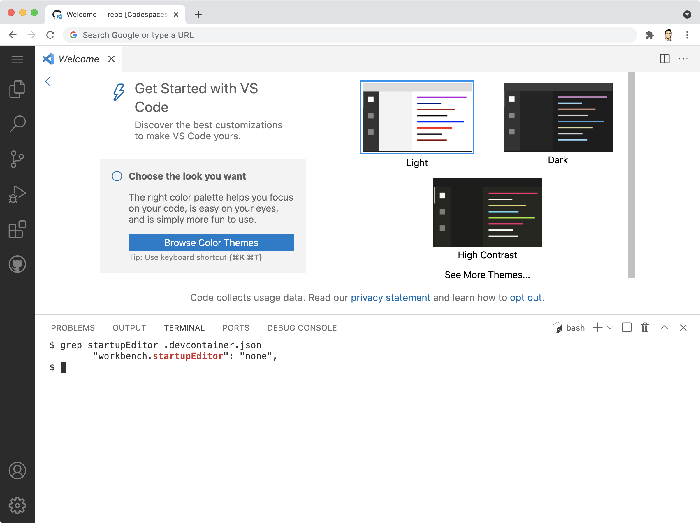 Welcome page opens in Codespaces even when workbench.startupEditor is ...