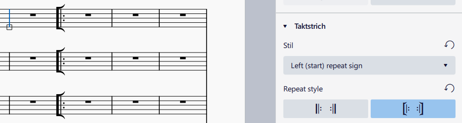 [Inspector] In the 'Barlines' section, the 'Left (start) repeat' option ...