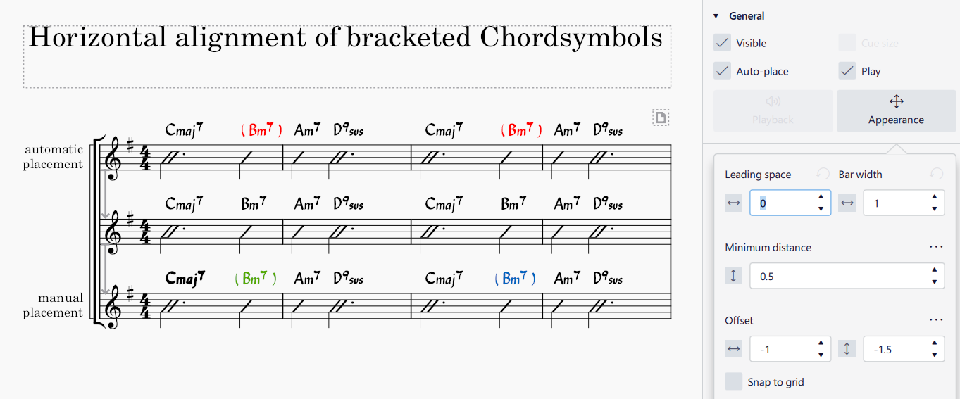 The horizontal alignment of bracketed chord symbols should be measured ...