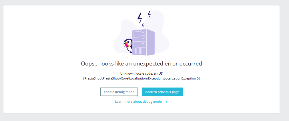 Unknown locale code: en-US [PrestaShop\PrestaShop\Core\Localization\Exception ...