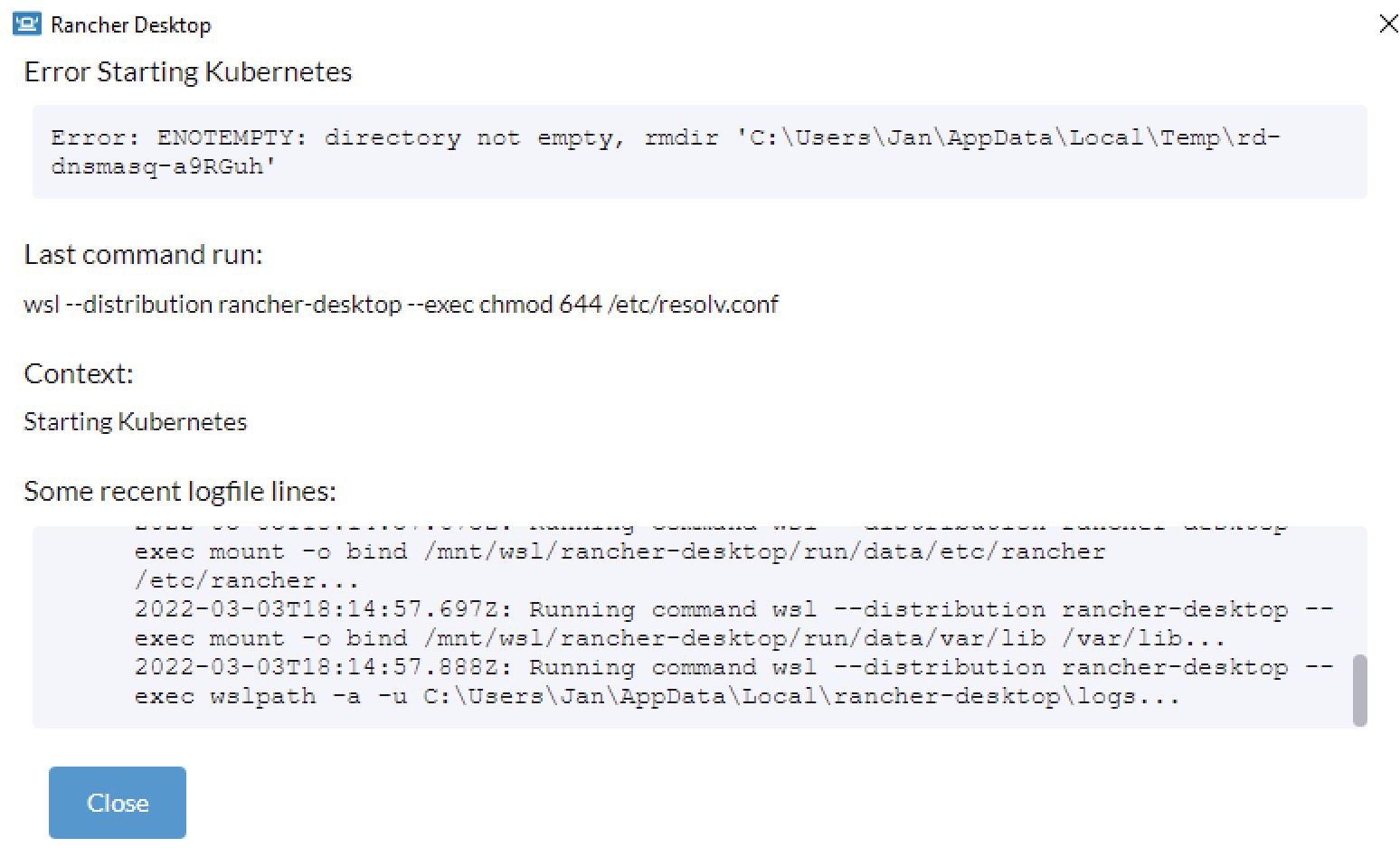 Error: ENOTEMPTY: directory not empty, rmdir 'C:\Users\Jan\AppData\Local\Temp\rd-dnsmasq-a9RGuh ...