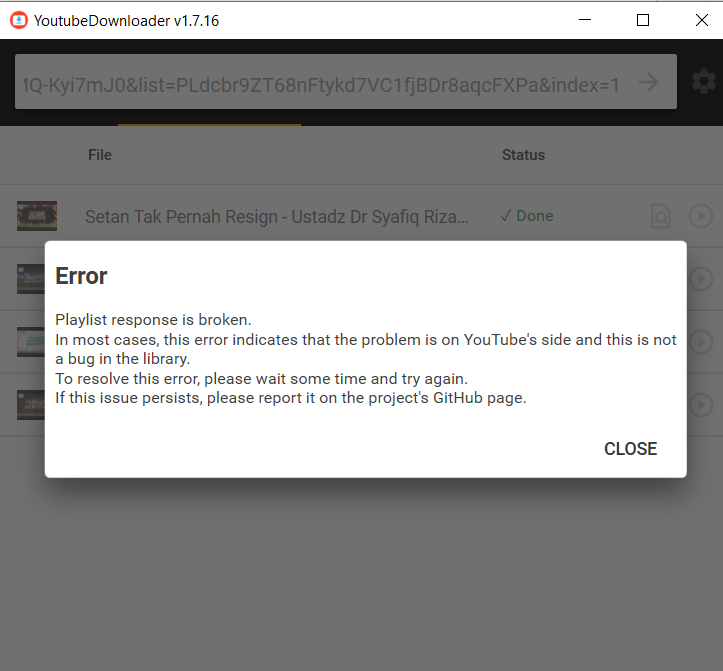 Youtubedownloader v1.7.16 error to download youtube playlist · Issue ...