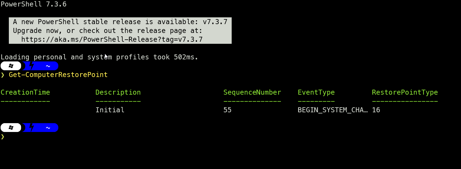 PowerShell comand Get-ComputerRestorePoint not available on PS 7.3.7 · Issue #1078 ...