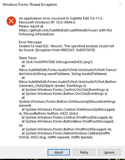 Unable To Load Libvosk · Issue 6685 · Subtitleeditsubtitleedit · Github 