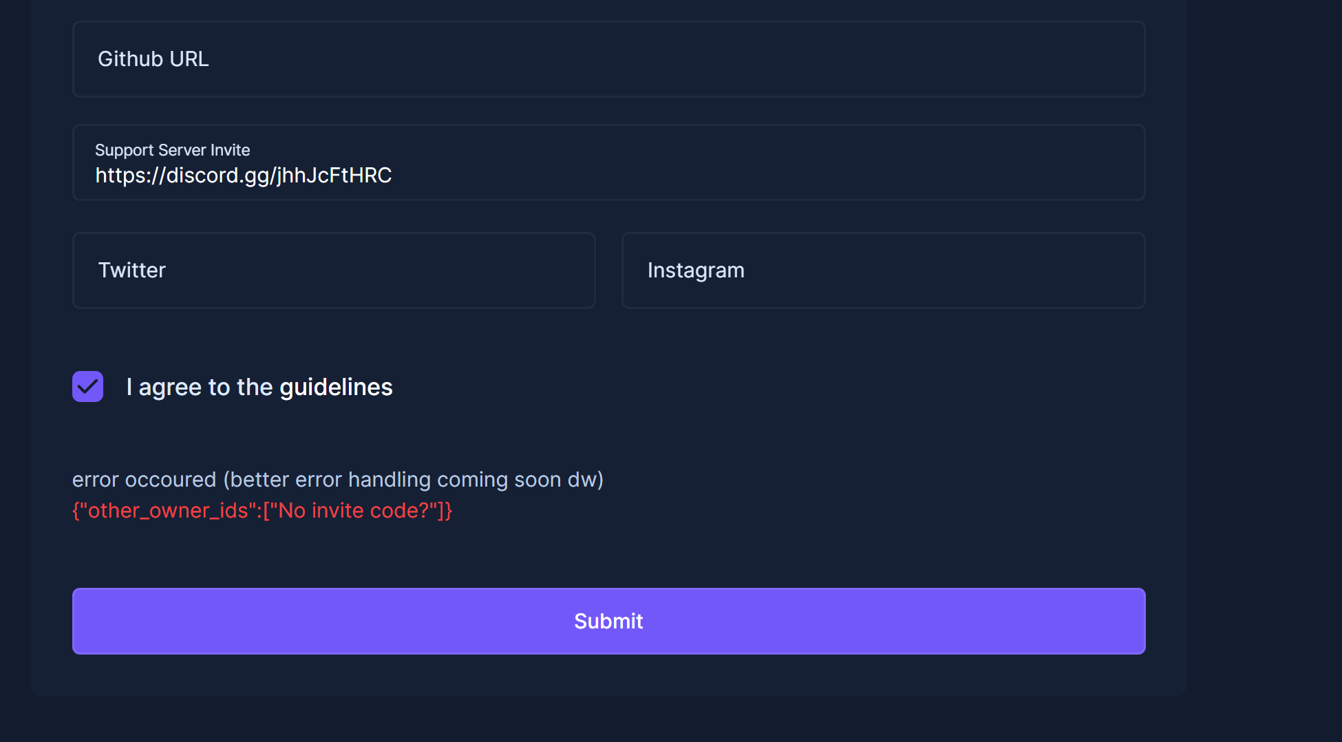 [bug] adding support invite will cause 500 · Issue #101 · discordlist-gg/beta-issues · GitHub