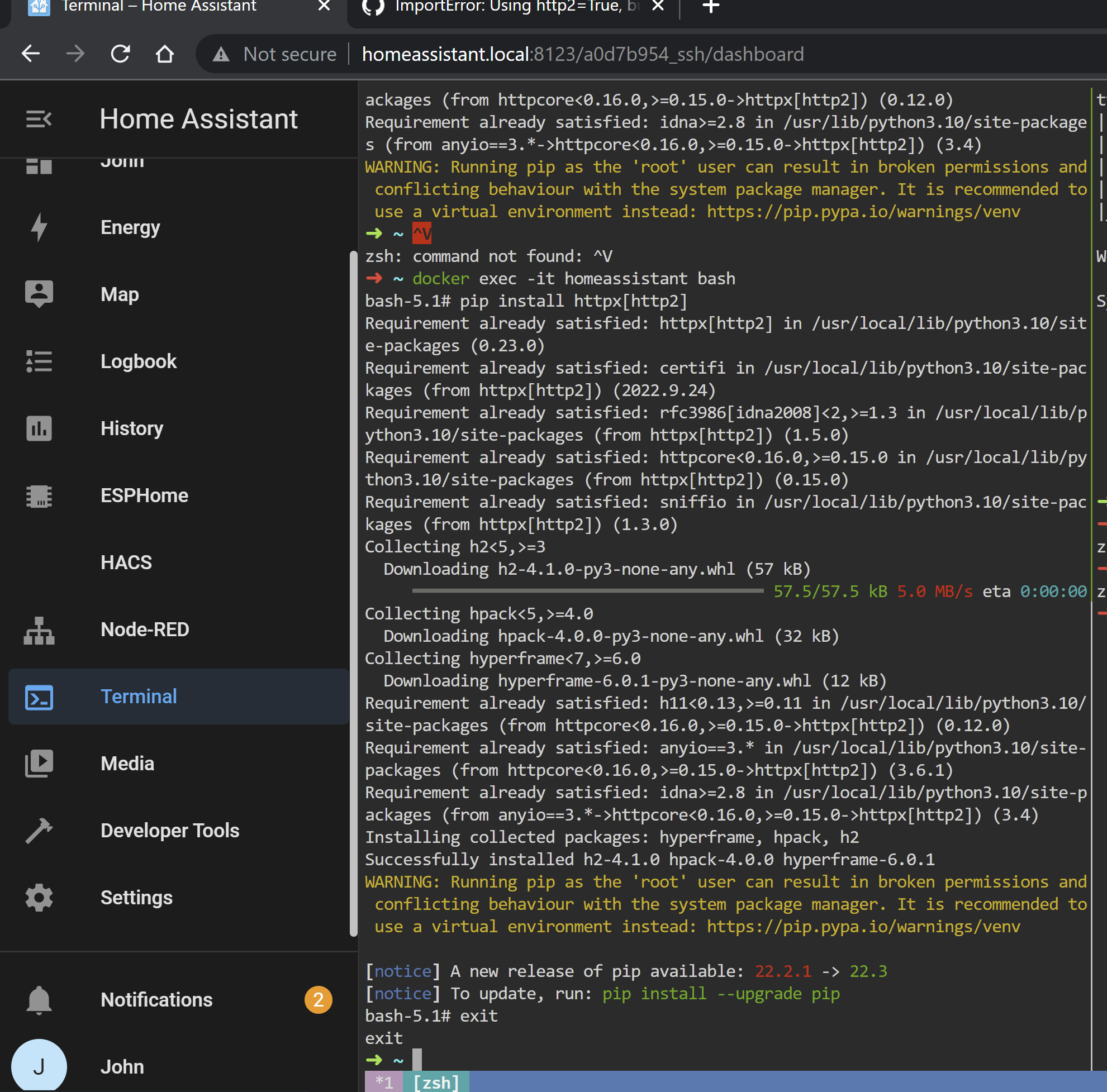 ImportError: Using http2=True, but the 'h2' package is not installed. · Issue #81154 · home ...