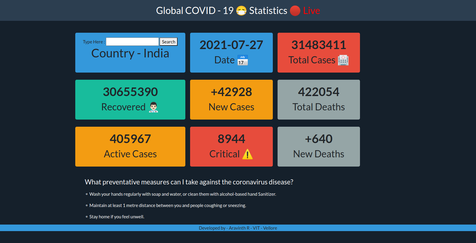 GitHub - Aravinth1525/COVID19-Statistics: COVID19 Statistics Website