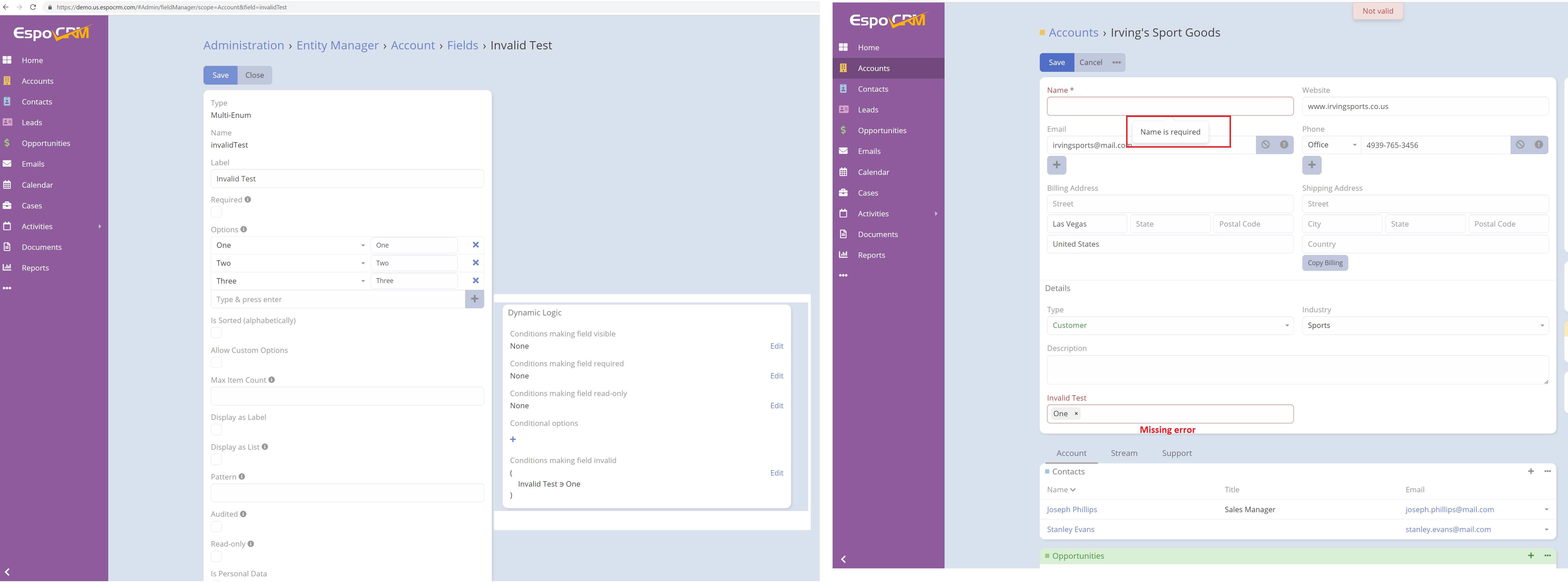 Invalid conditional logic - does not show error message at field level · Issue #2660 · espocrm ...
