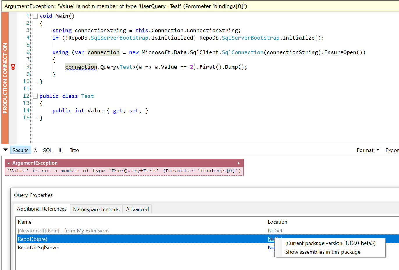 LINQPad: Successive runs fail with ArgumentException (Parameter 'bindings[0]') · Issue #543 ...