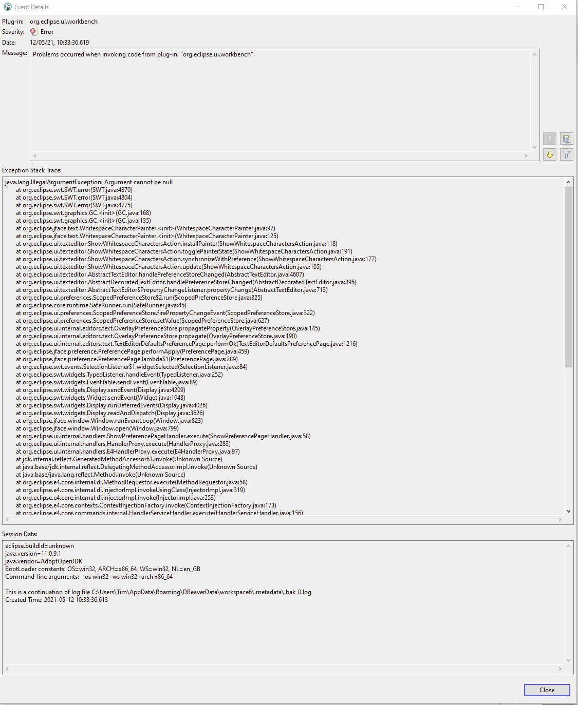DBeaver - Error when setting option Show Whitespace Characters via the ...