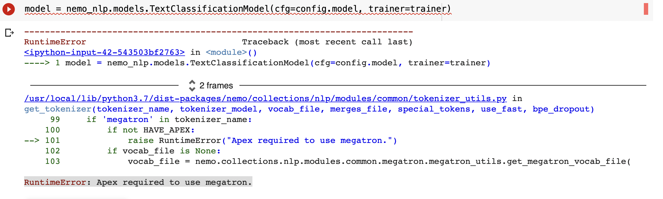 RuntimeError: Apex required to use megatron. · Issue #1258 · NVIDIA/apex · GitHub