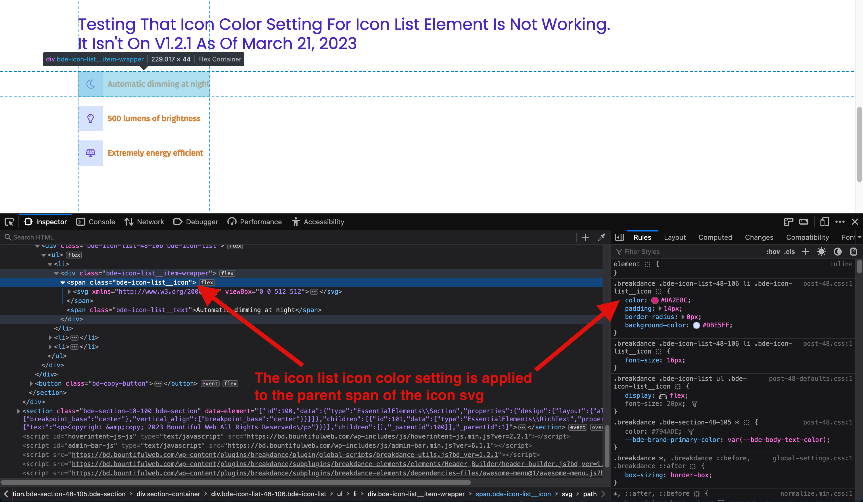 Icon List color setting not working if parent section has Text Colors >> Text setting set ...