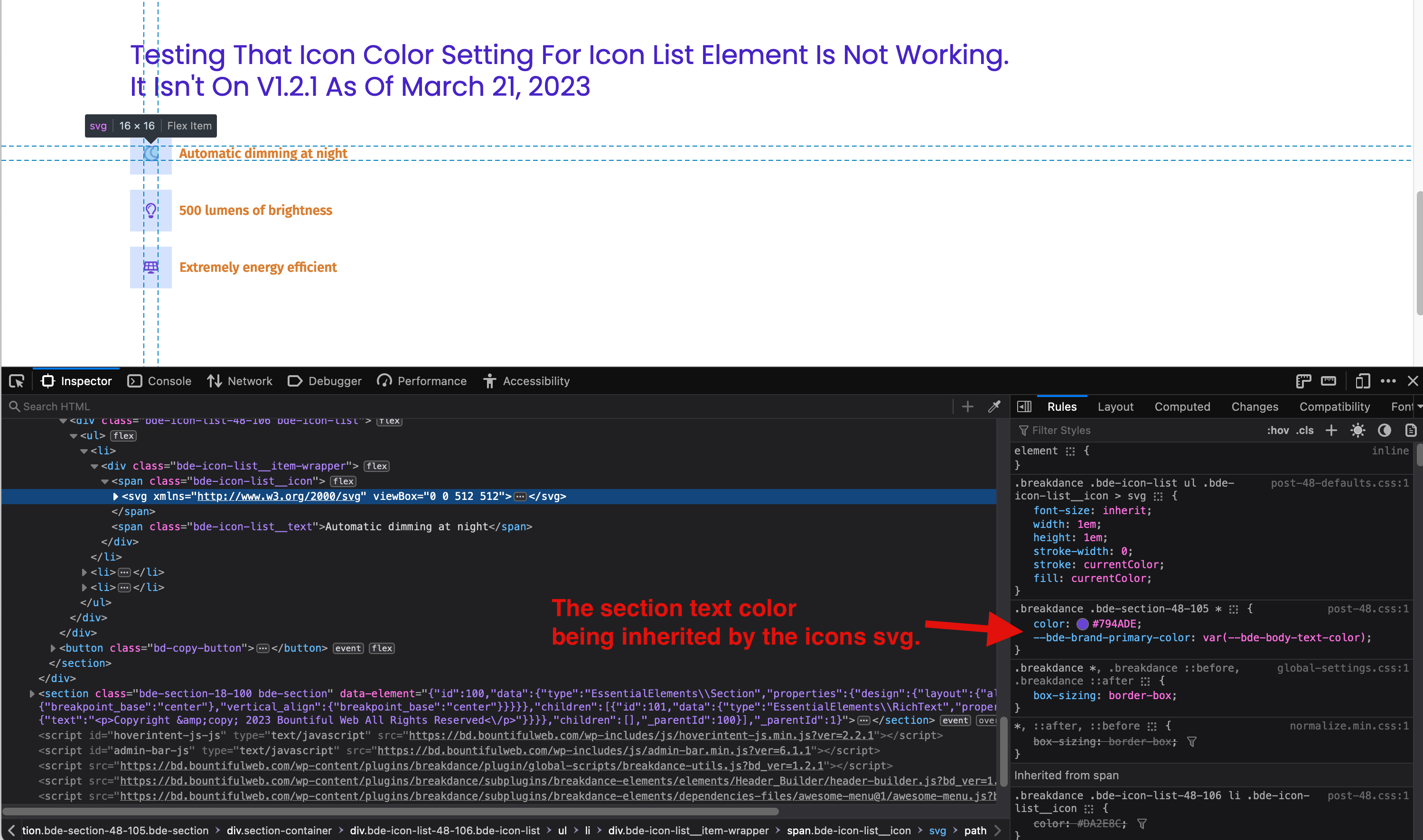Icon List color setting not working if parent section has Text Colors >> Text setting set ...