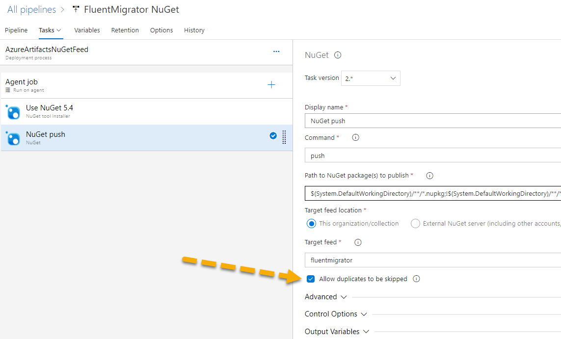 Investigate NugetCommand@2 Custom -SkipDuplicate · Issue #1305 · fluentmigrator/fluentmigrator ...