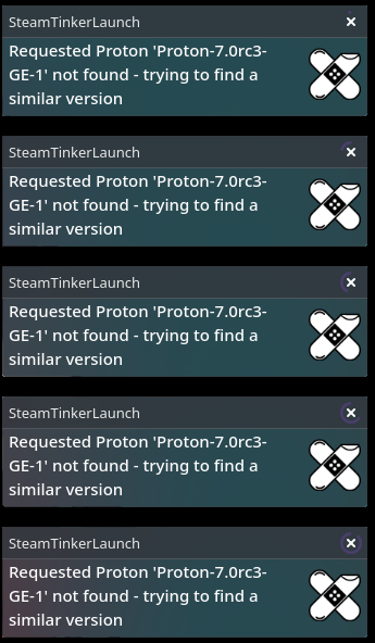 SteamTinkerLaunch spams notifications when a Proton version is removed trying to find a "similar ...