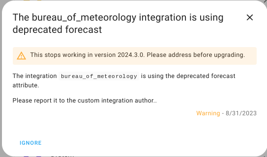 deprecated forecast - HA 2023.9 · Issue #189 · bremor/bureau_of_meteorology · GitHub