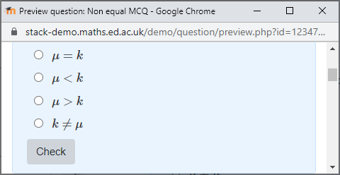 Behaviour of "Not equal to" (#) operator in MCQ, Radio input · Issue #923 · maths/moodle-qtype ...
