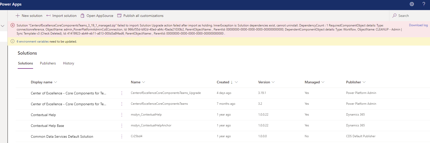 Experiencing Error Upgrading CoECoreComponentsTeams solution from Oct 2021 to June 2022 · Issue ...