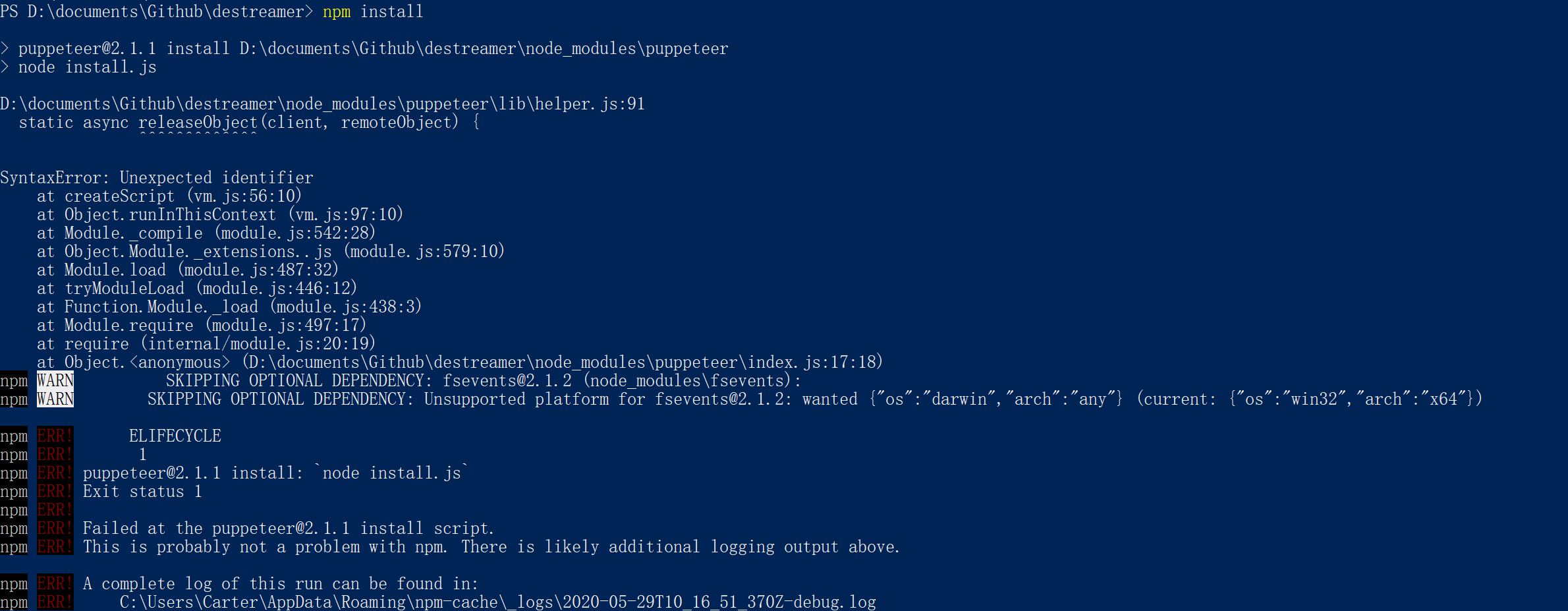 npm install problem · Issue #131 · snobu/destreamer · GitHub