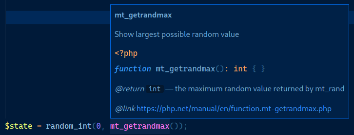 Unrecognised function `mt_getrandmax` · Issue #2503 · bmewburn/vscode-intelephense · GitHub