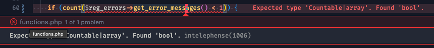 WP_Error->->get_error_messages() return type: "Expected type 'Countable|array'. Found 'bool ...