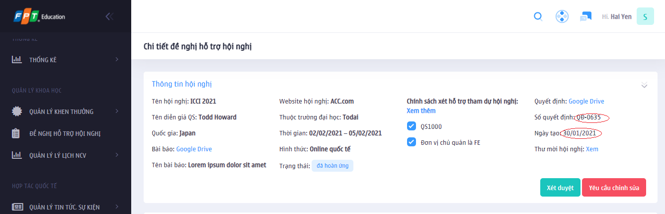Màn Chi tiết đề nghị hỗ trợ hội nghị (Manager) in đậm chữ các trường Số quyết định, Ngày tạo cho ...