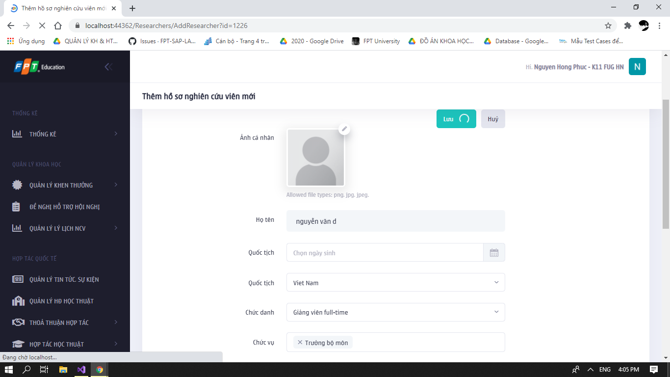 (MANAGER) Thêm hồ sơ NCV khi chỉnh sửa thông tin không lưu thông tin mới mà vẫn hiển thị lại ...