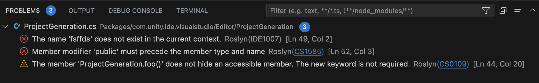 [BUG] Roslyn warnings not displayed a such · Issue #376 · microsoft/vscode-dotnettools · GitHub