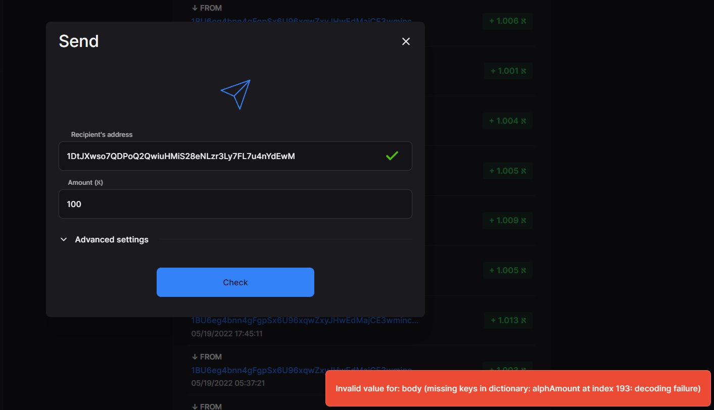 Problem to sending Alephium coins · Issue #246 · alephium/desktop-wallet · GitHub