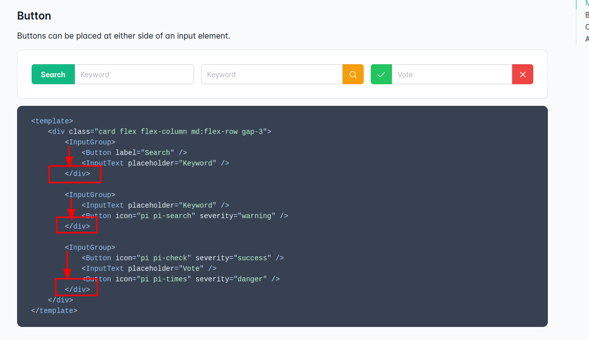 InputGroup: wrong Endtags in Button example on documentation · Issue #4814 · primefaces/primevue ...