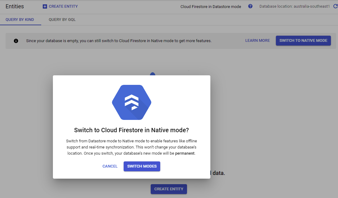 Can't select Firestore as native mode. · Issue #983 · GoogleCloudPlatform/dotnet-docs-samples ...