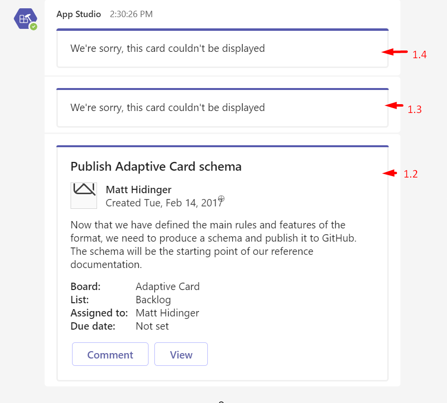 [Rendering] Microsoft Teams cannot render adaptive cards with schema version 1.3 and 1.4 · Issue ...