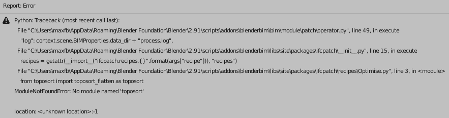 IfcPatch Recipe Optimise error message · Issue #1393 · IfcOpenShell/IfcOpenShell · GitHub