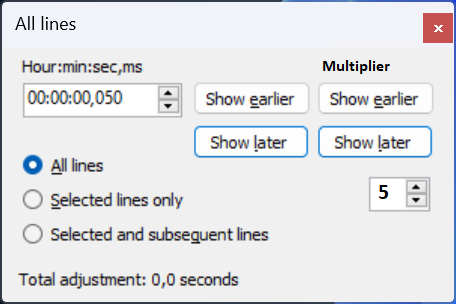 Enhanced time adjustment controls in "Adjust All Times" window · SubtitleEdit subtitleedit ...