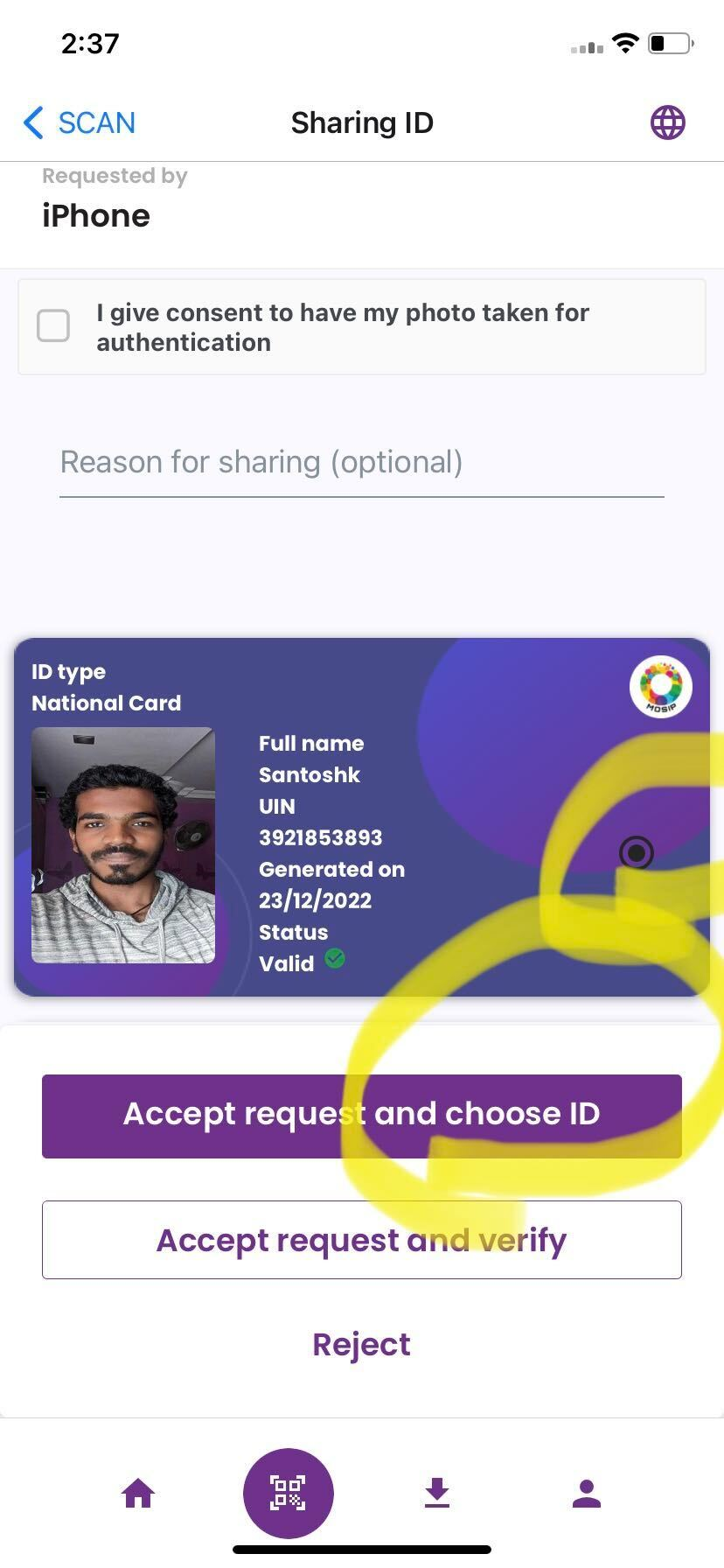 Accept request and choose ID button in sharing screen should be changed to Accept request and ...