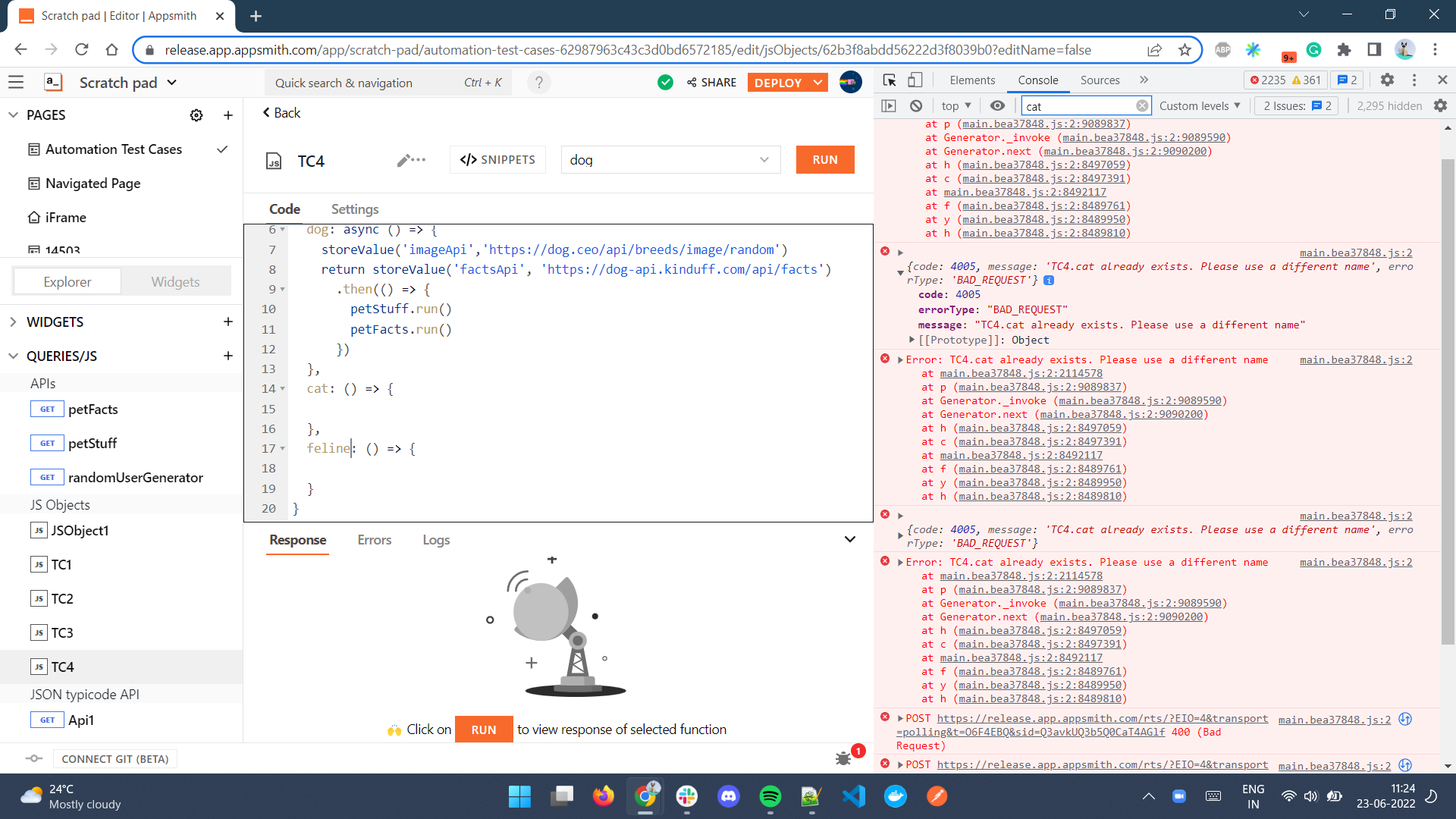 [Bug]: 400 error is returned on a newly defined JS function name ...
