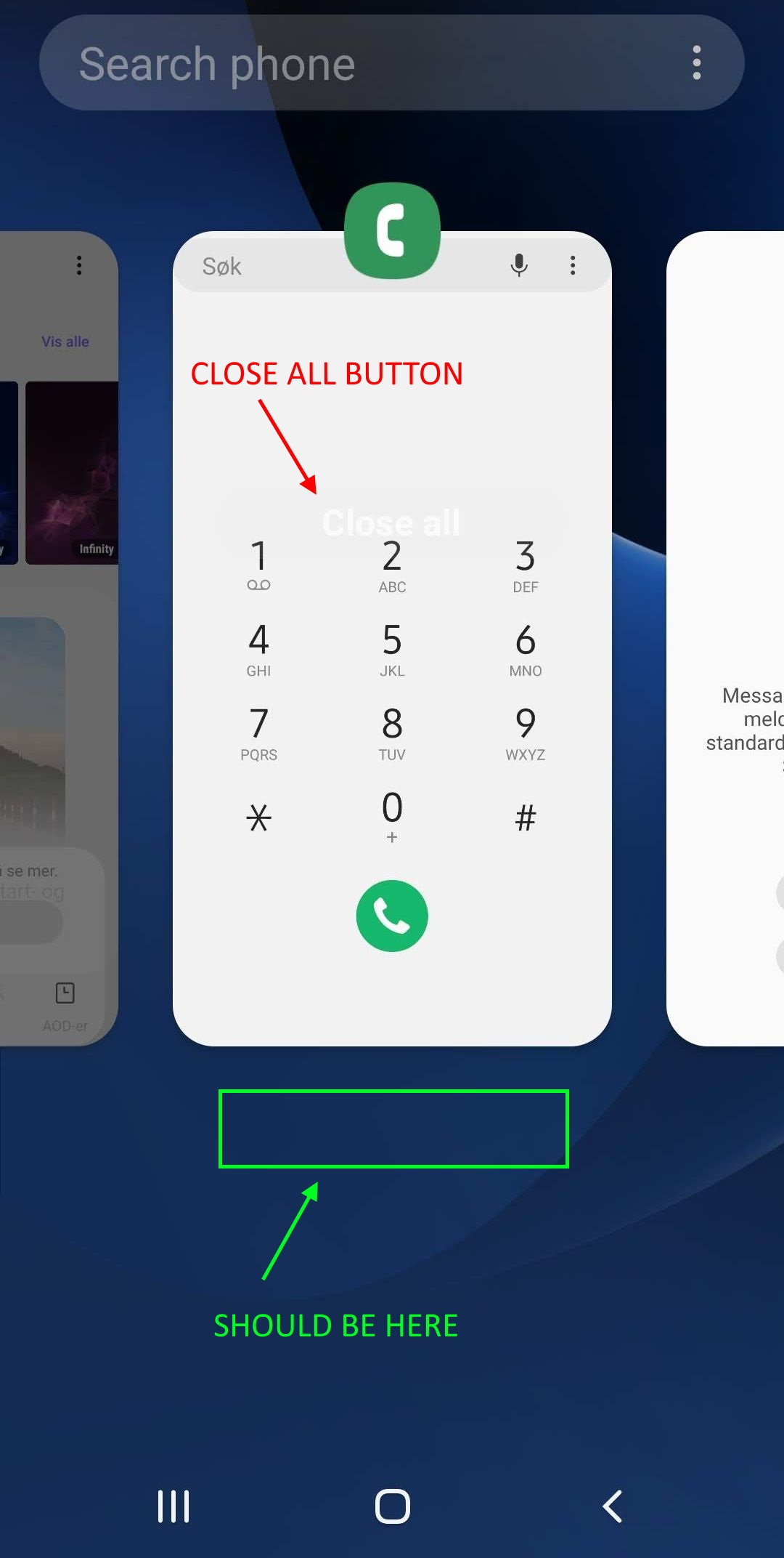 "Close all" button in Recent apps screen overlapping the recent app ...
