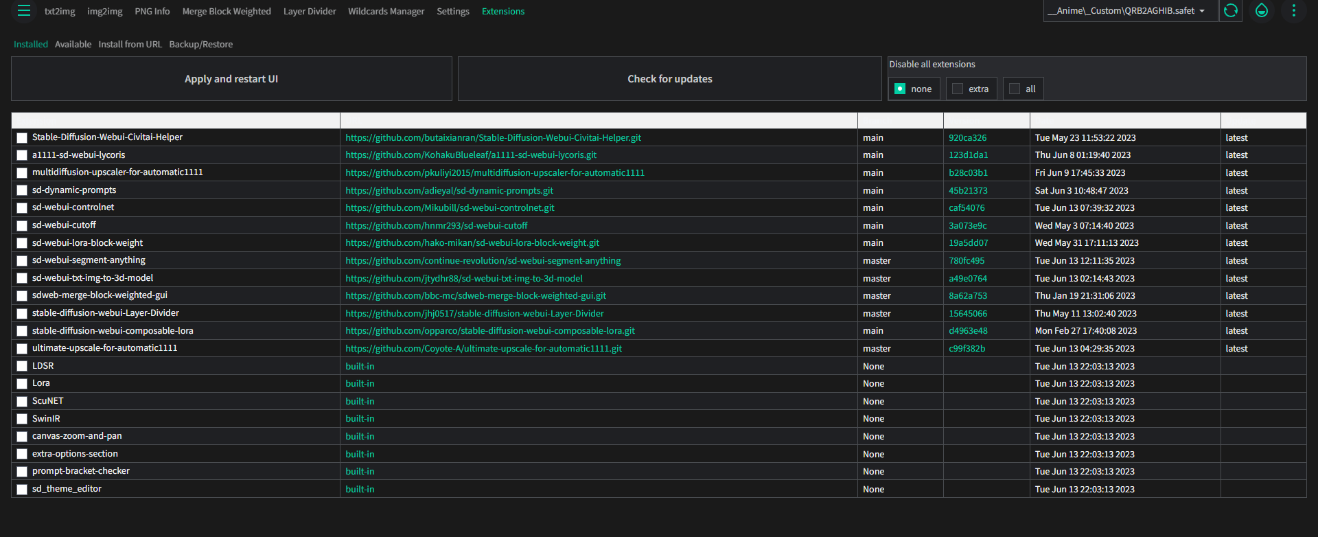[Bug]: Can't See Checked Extensions · Issue #173 · anapnoe/stable-diffusion-webui-ux · GitHub