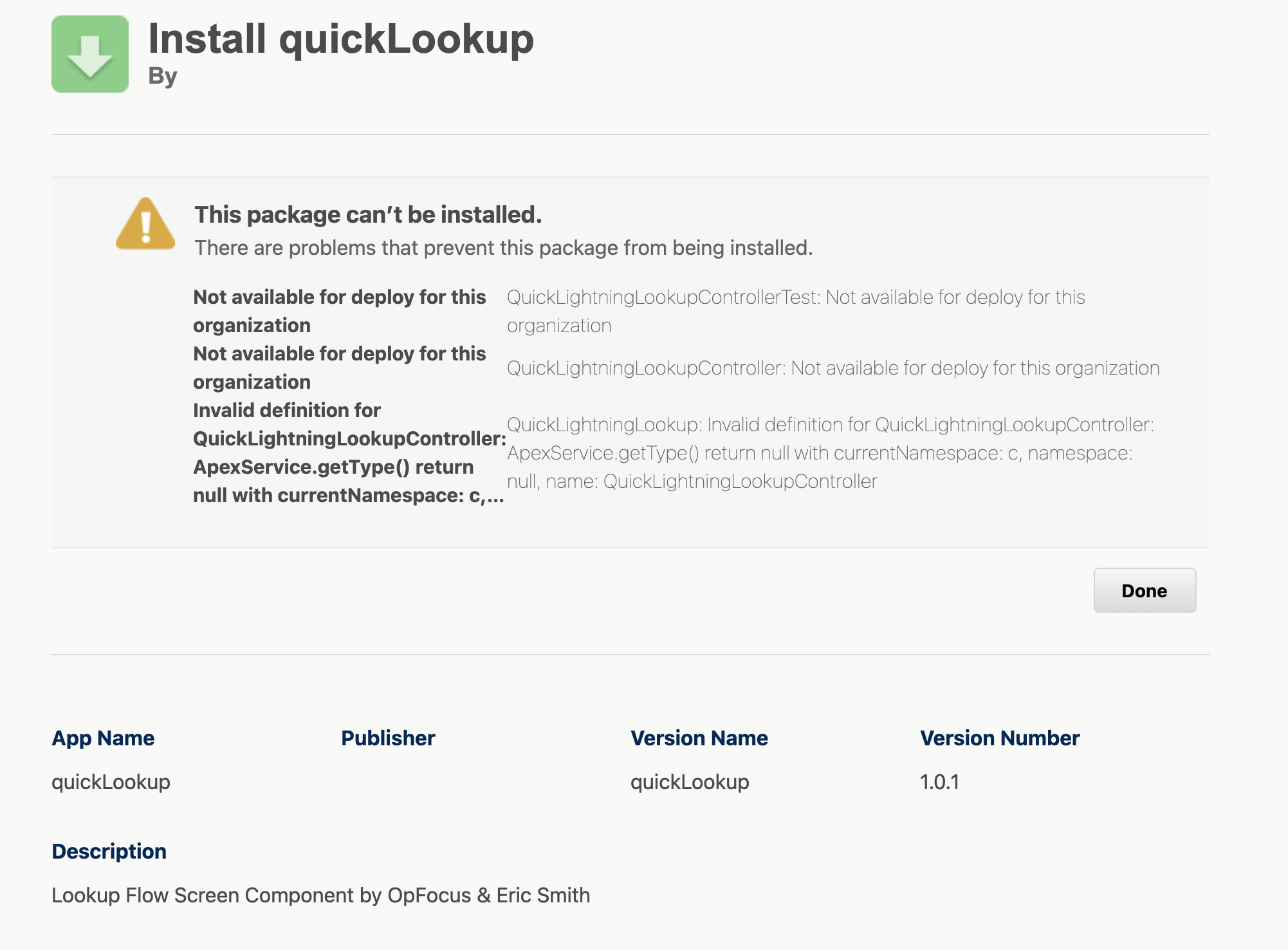 Quick Lookup - Install Failed · Issue #881 · UnofficialSF/LightningFlowComponents · GitHub