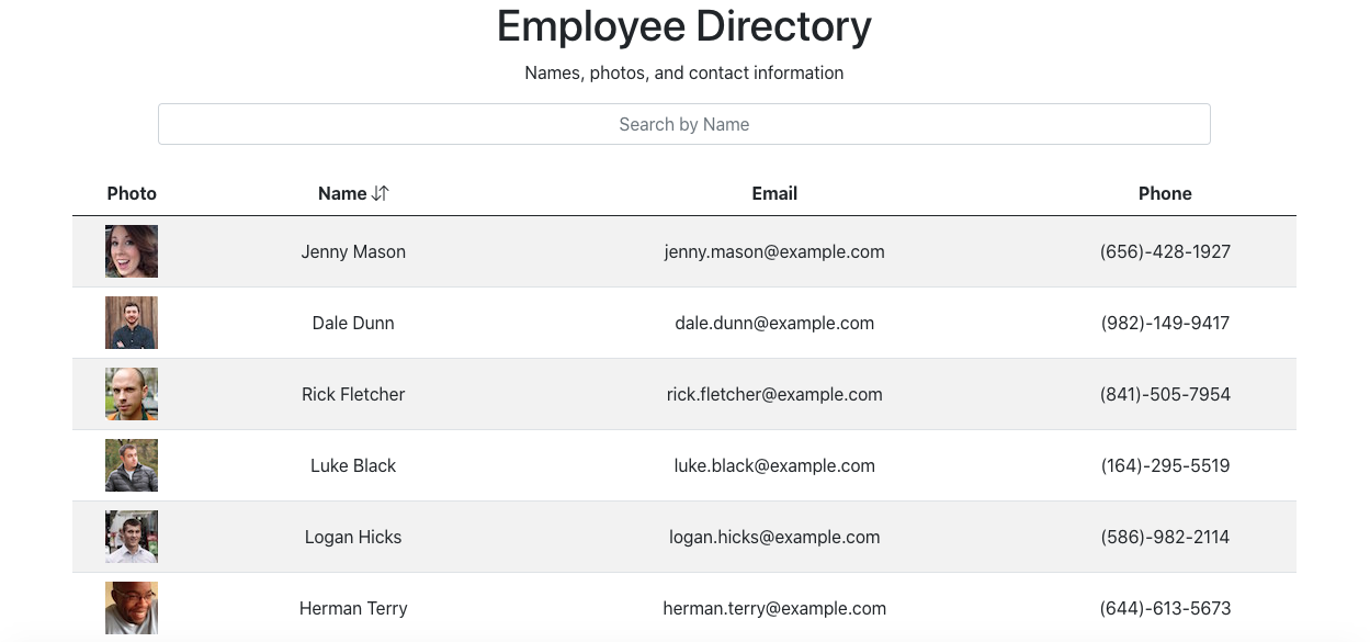 GitHub - evperkinsjr/react-employee-directory: Users can view names, photos, and contact ...
