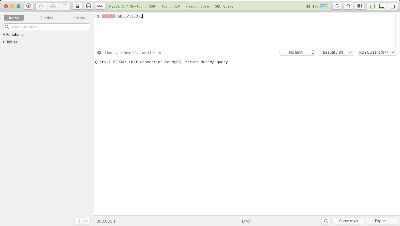 Connection closes after 300 seconds for long running queries · Issue #1932 · TablePlus/TablePlus ...