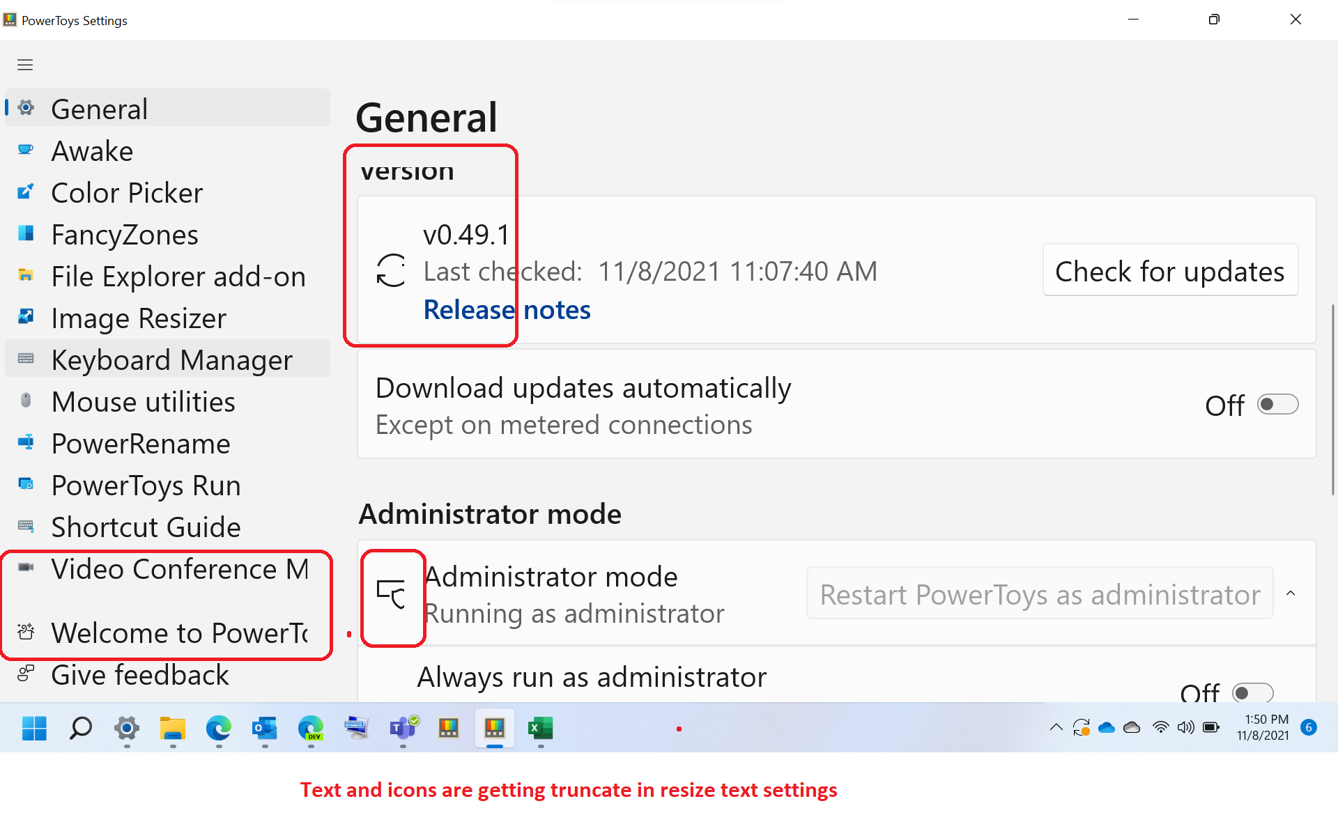 [Resize Text - General settings adjustments]: Text and icons are ...